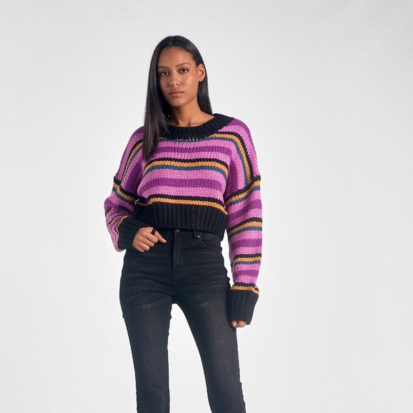 Elan | Sweaters | Elan Womens Purple Stripe Crew Neck Sweater | Poshmark